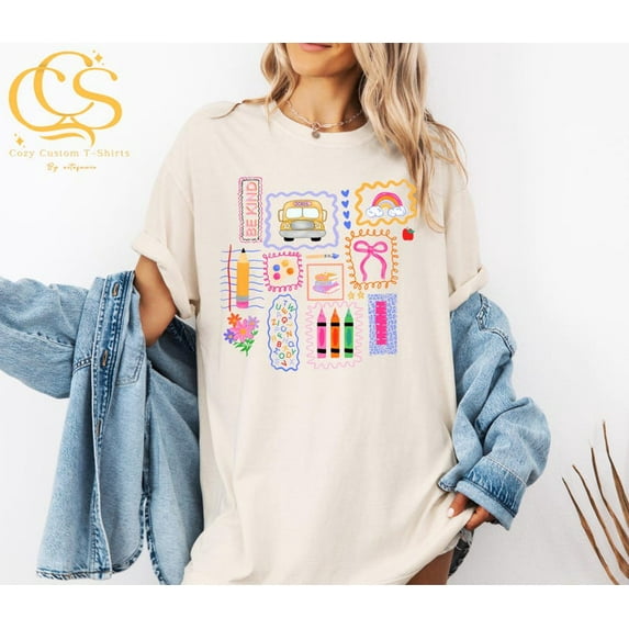 Comfort Colors Cream T-Shirt with Colorful School-Themed Graphics ...