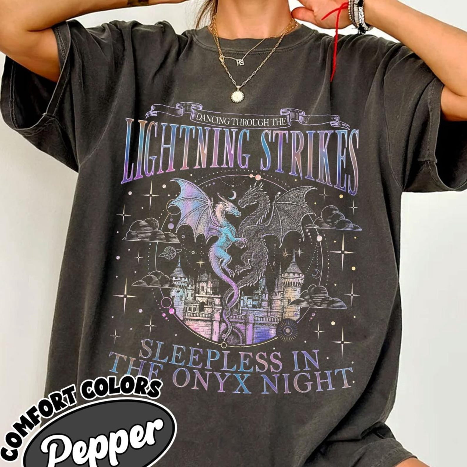 Comfort Colors Dark Gray T-Shirt with Fantasy Graphic of Two Dragons ...