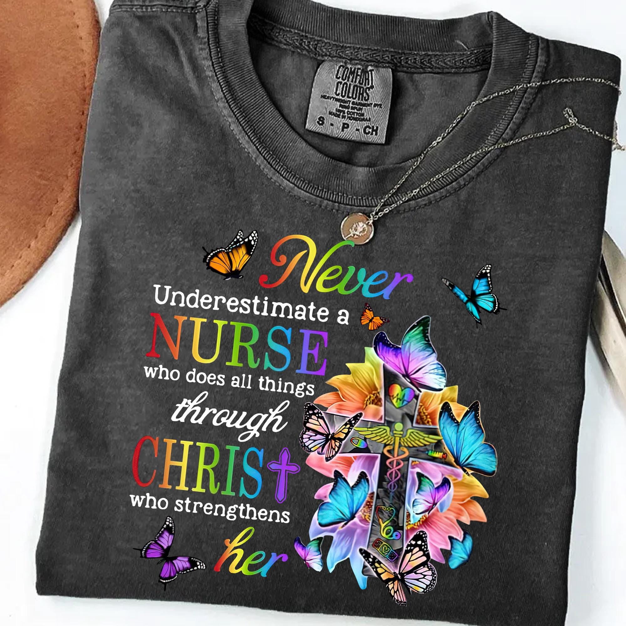 Comfort Colors Dark Gray T-Shirt with Rainbow Cross, Butterflies ...