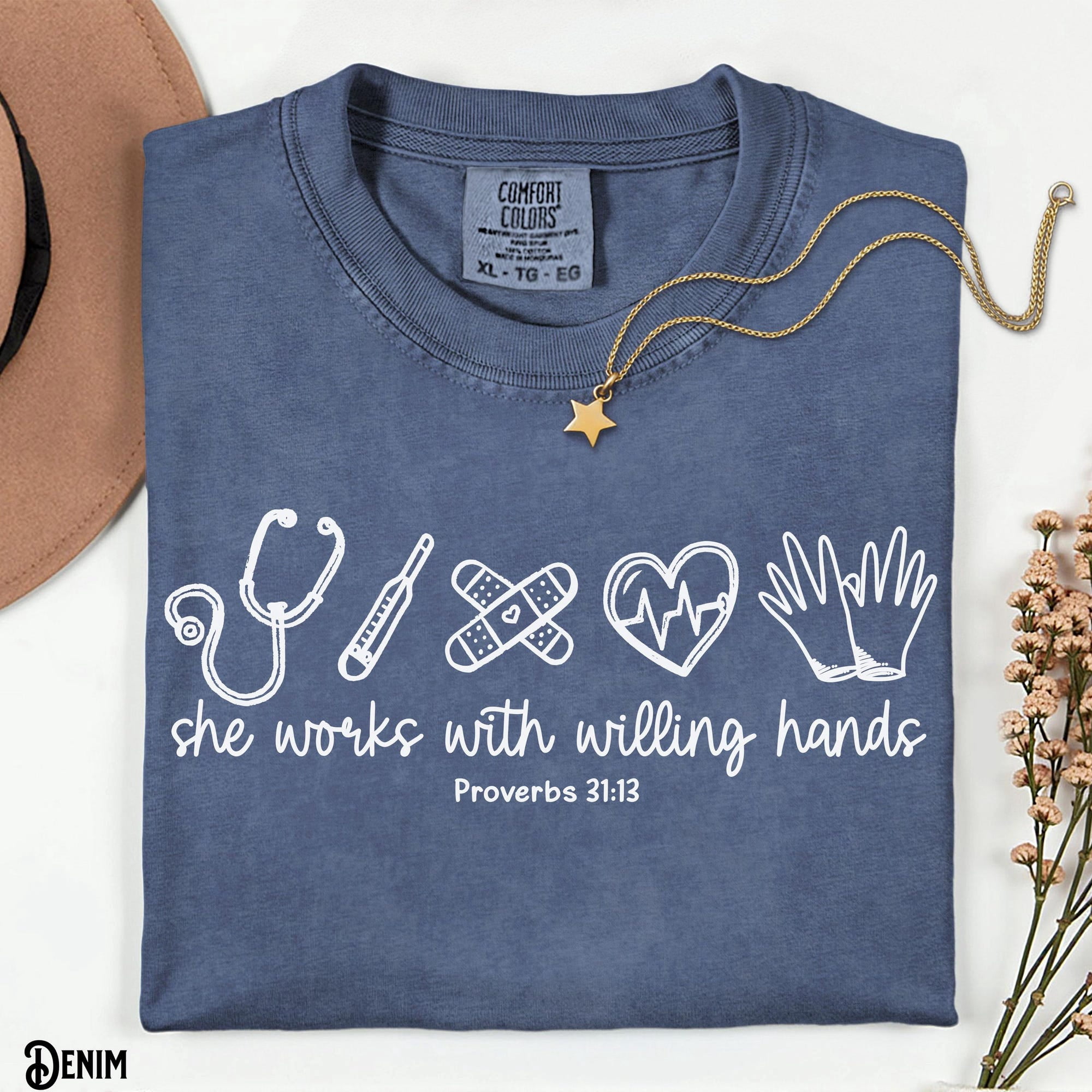 Comfort Colors Denim Blue T-Shirt with White Medical Graphic & "She ...