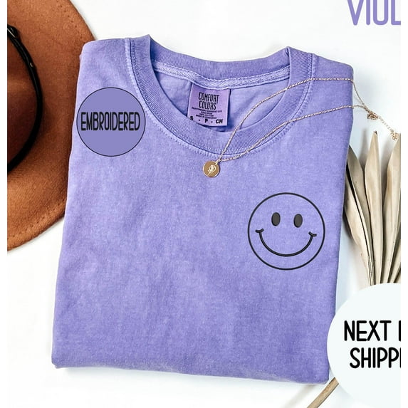 Comfort Colors® Embroidered Happy Face Shirt , Smile Embroidered Tee ...