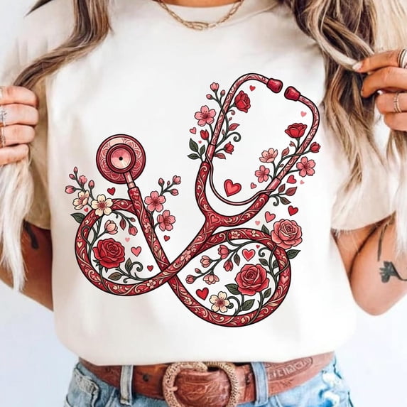 Comfort Colors Floral Heart Stethoscope T-Shirt | Cute Nurse Valentine ...