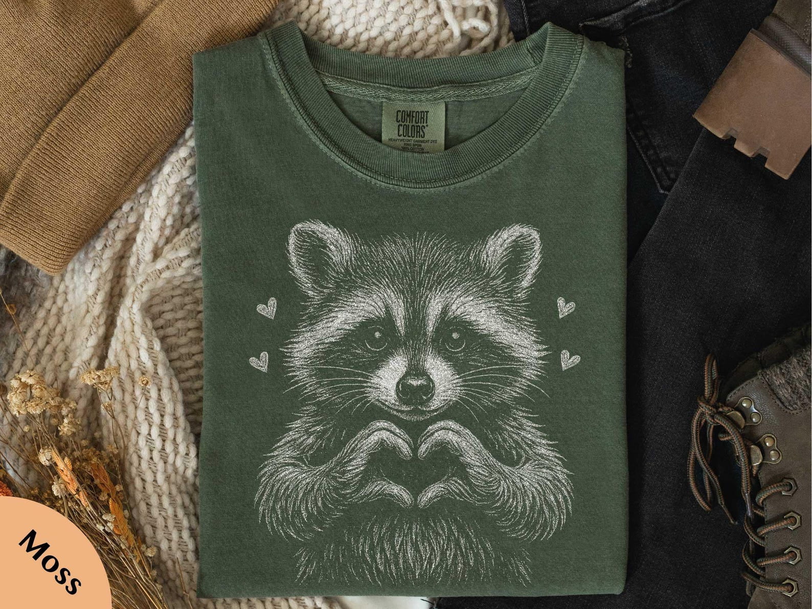 Comfort Colors Green T-Shirt with Raccoon Graphic and Heart Symbols ...