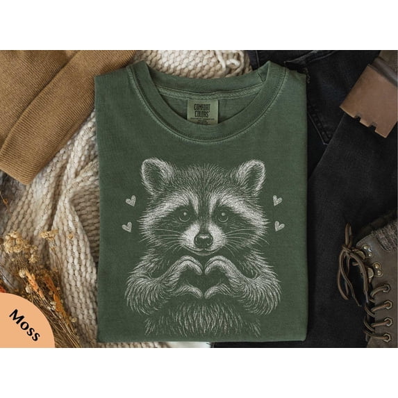 Comfort Colors Green T-Shirt with Raccoon Graphic and Heart Symbols ...