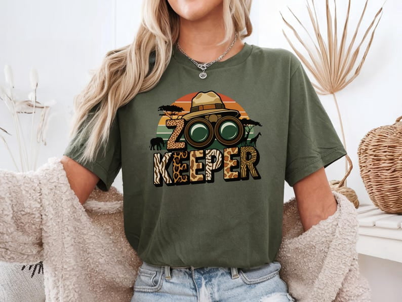 Comfort Colors Green T-Shirt with Retro Sunset Graphic, Zoo Keeper ...