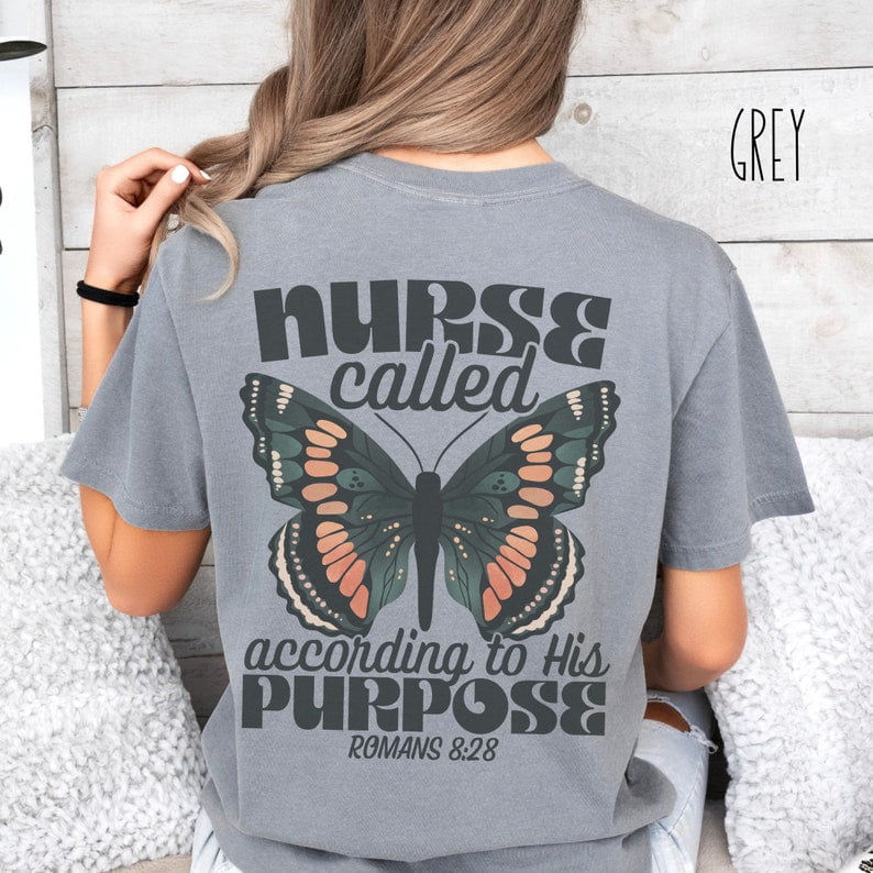 Comfort Colors Grey T-Shirt with Butterfly Graphic and "Nurse Called ...