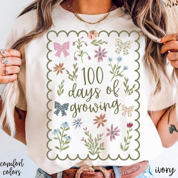Comfort Colors Ivory Floral T-Shirt with "100 Days of Growing" Design ...