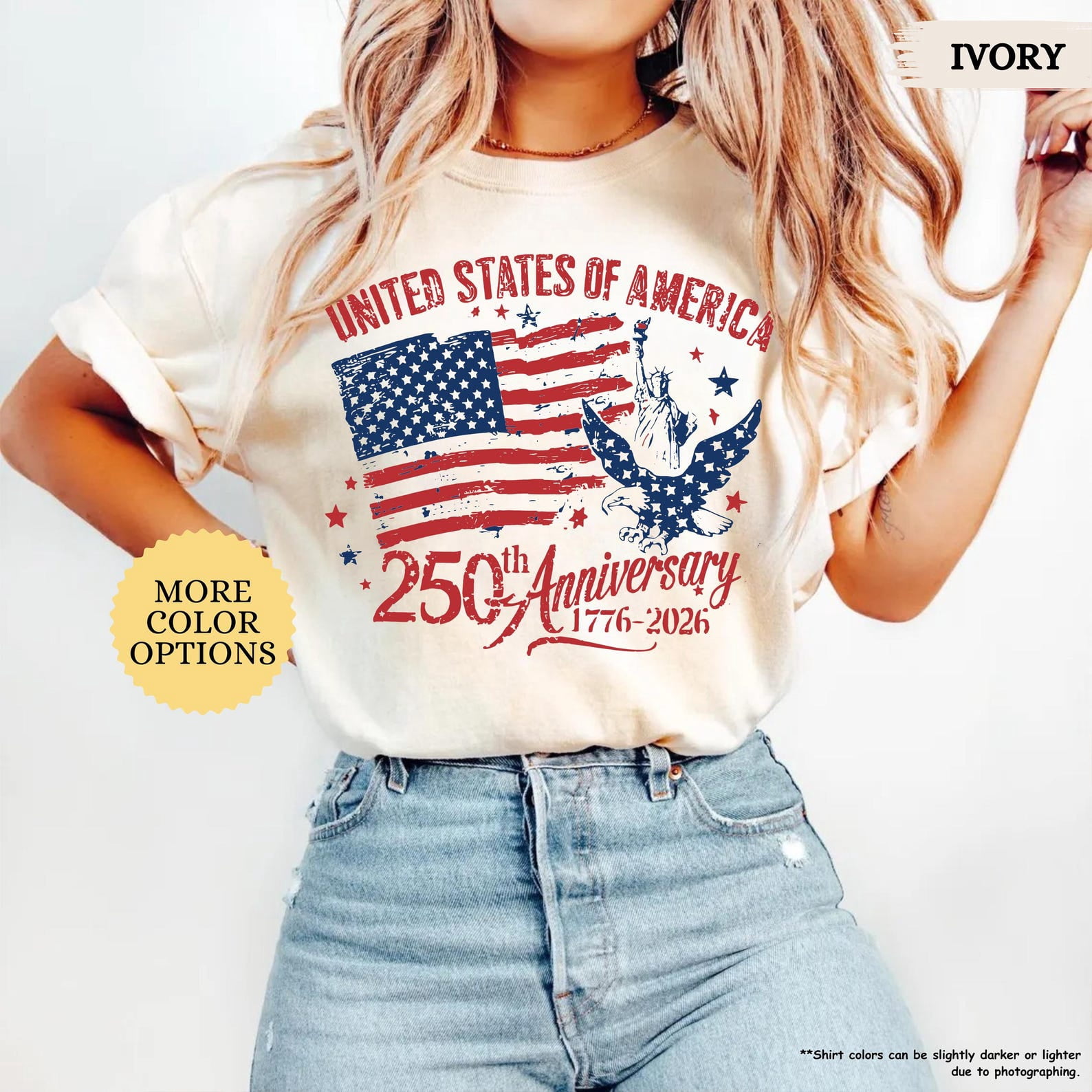 Comfort Colors Ivory T-Shirt with Distressed American Flag, Eagle ...