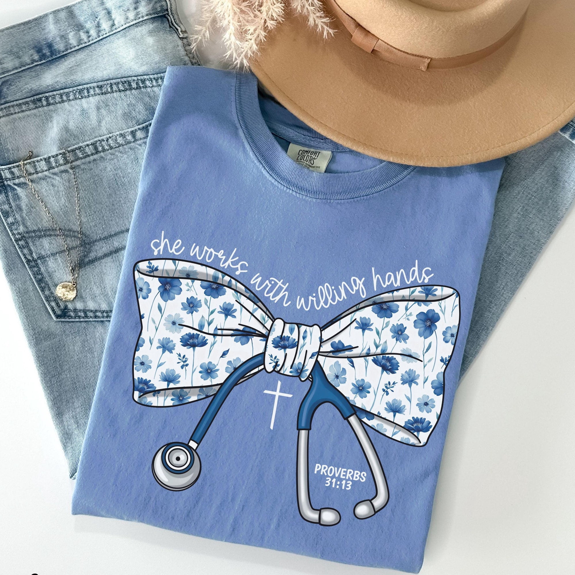 Comfort Colors Light Blue T-Shirt with Floral Bow, Stethoscope Design ...