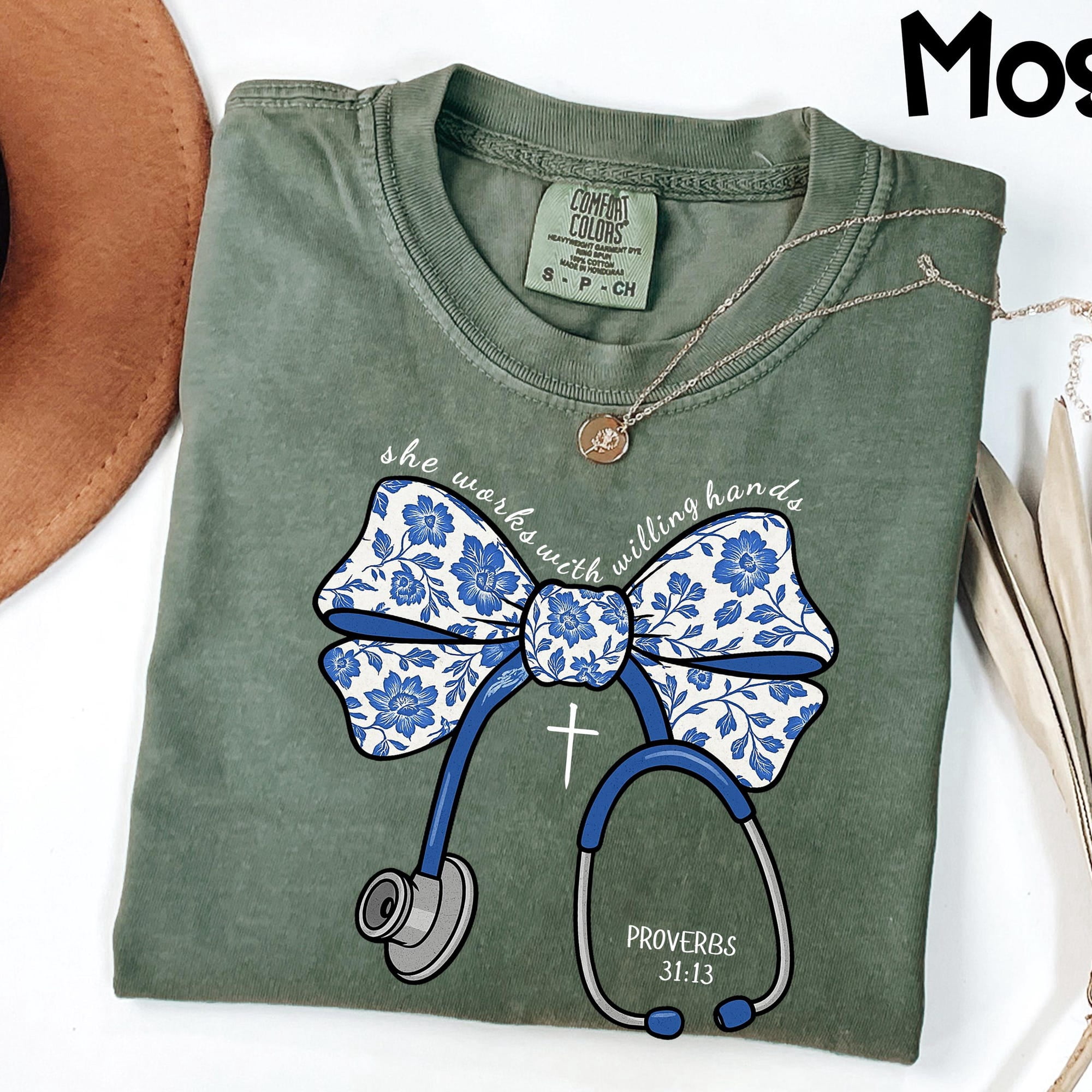 Comfort Colors Moss Green T-Shirt with Blue and White Floral Bow ...