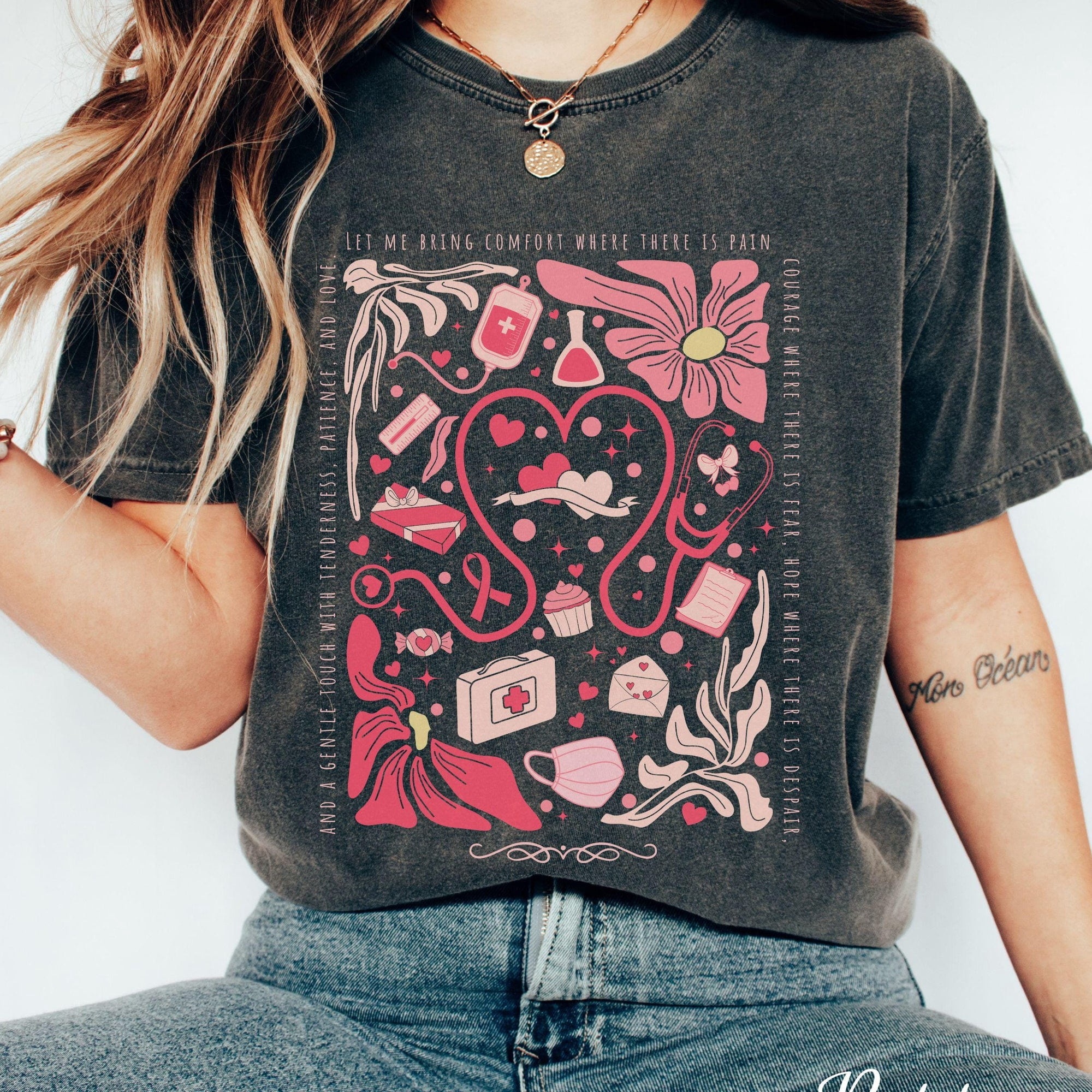 Comfort Colors RN Tee - Floral Nurse Shirt with Hearts and Flowers ...