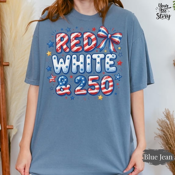 Comfort Colors® Red White & 250 Anniversary Shirt, Bow Preppy Patriotic ...