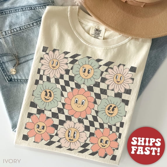 Comfort Colors® Retro Checkered Flower Shirt, Boho Flowers Shirt, Boho ...