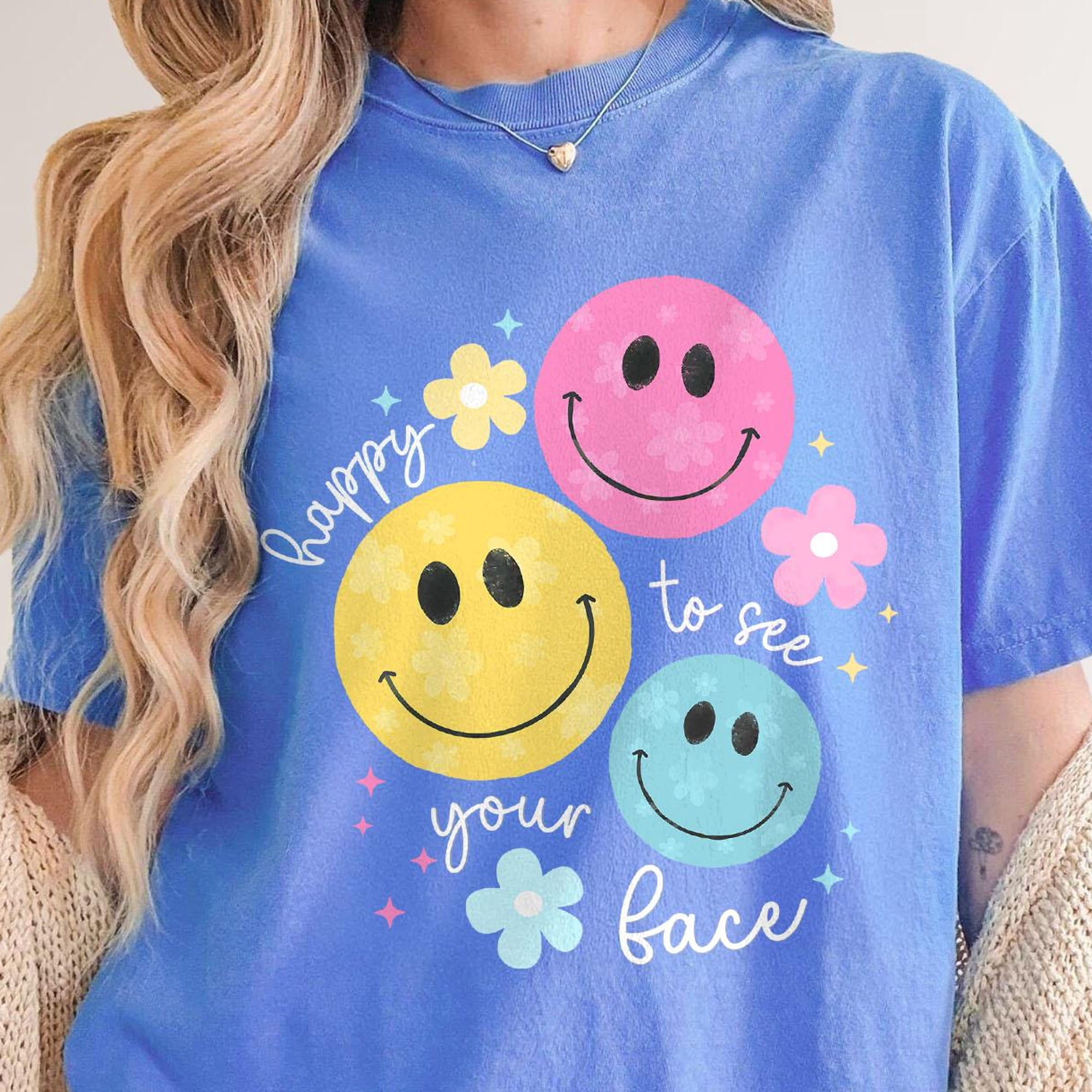 Comfort Colors Teacher Shirt - Blue T-Shirt with Colorful Smiley Faces ...