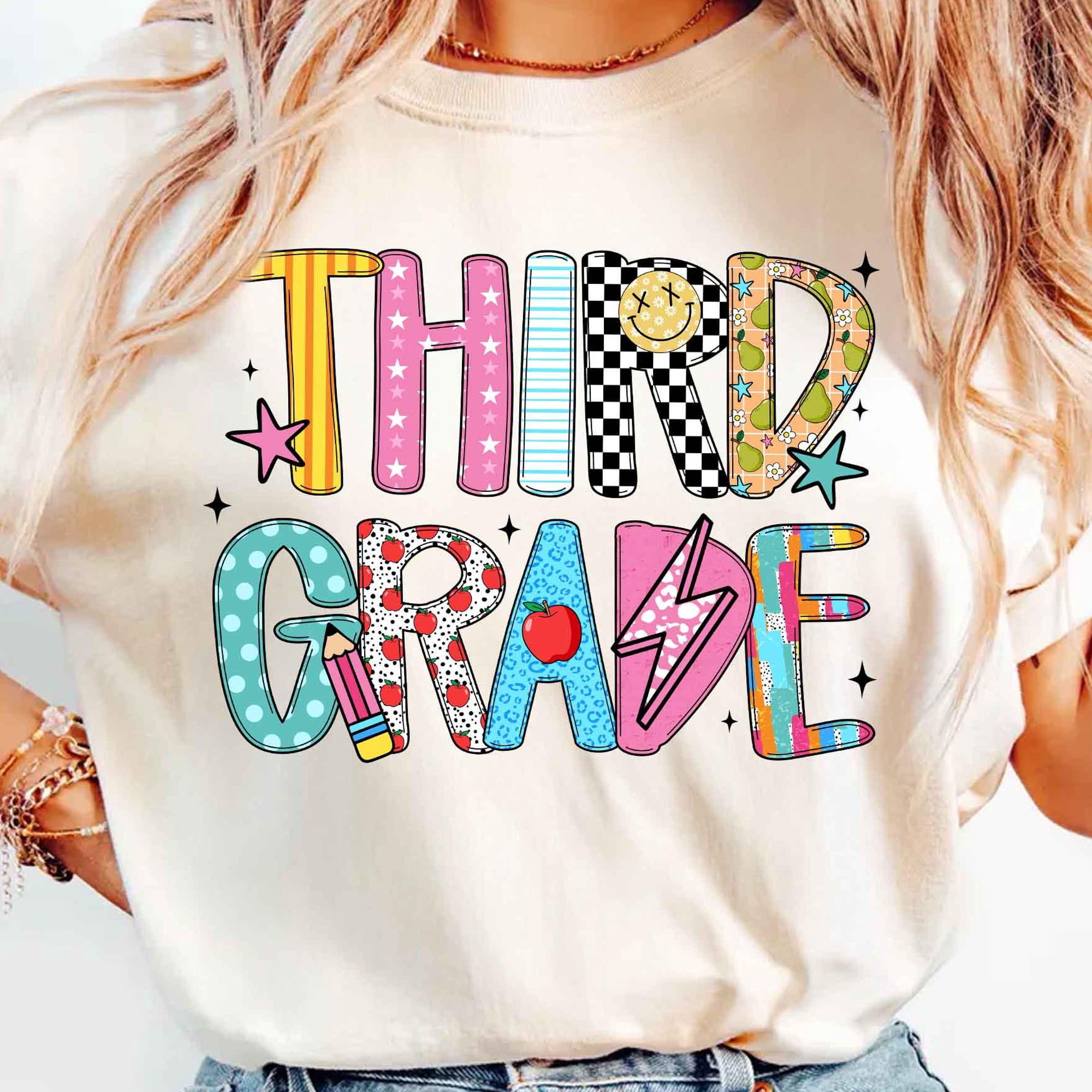 Comfort Colors Third Grade Teacher Shirt - Retro Checkered Design with ...