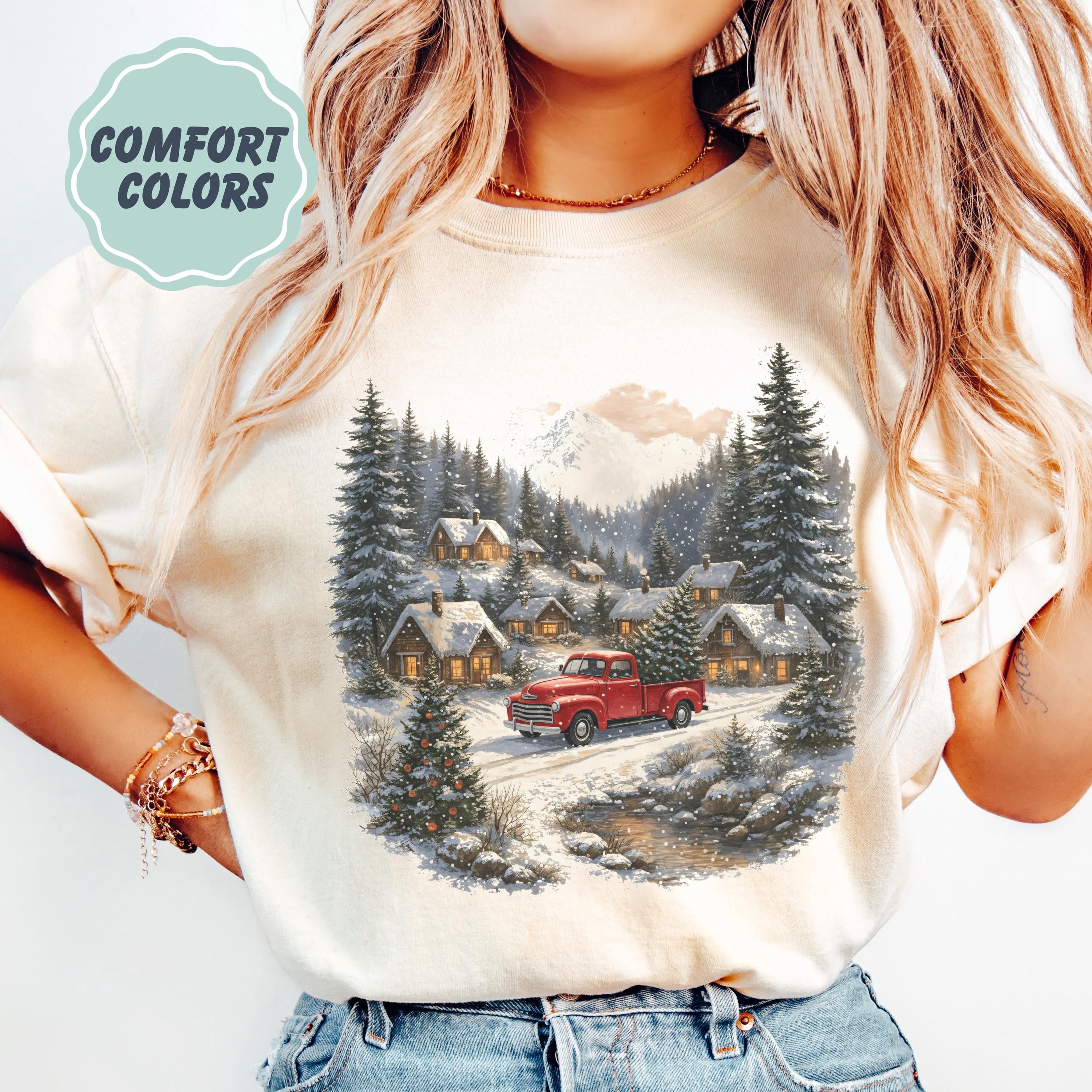 Comfort Colors Vintage Christmas Red Truck Shirt - Cozy Winter Village ...