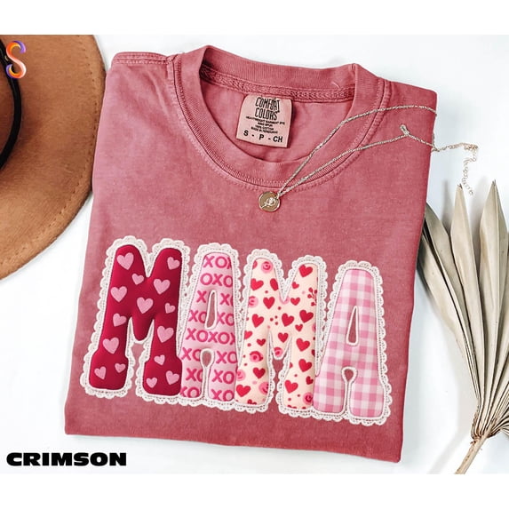 Comfort Colors Women's MAMA T-Shirt Pink Hearts Gingham Applique Gift ...