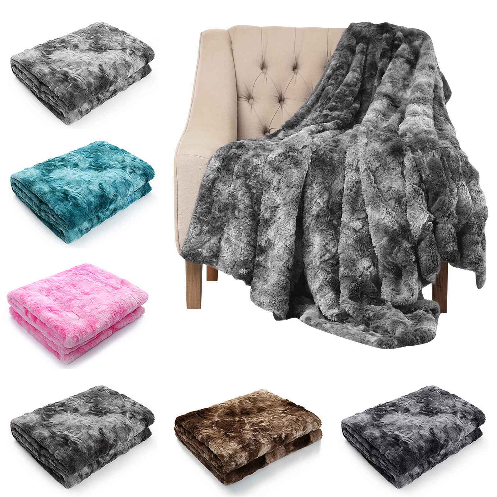 Comfort Luxury Faux Fur Throw Blanket Tie-dye Fluffy Decorative Comfy ...