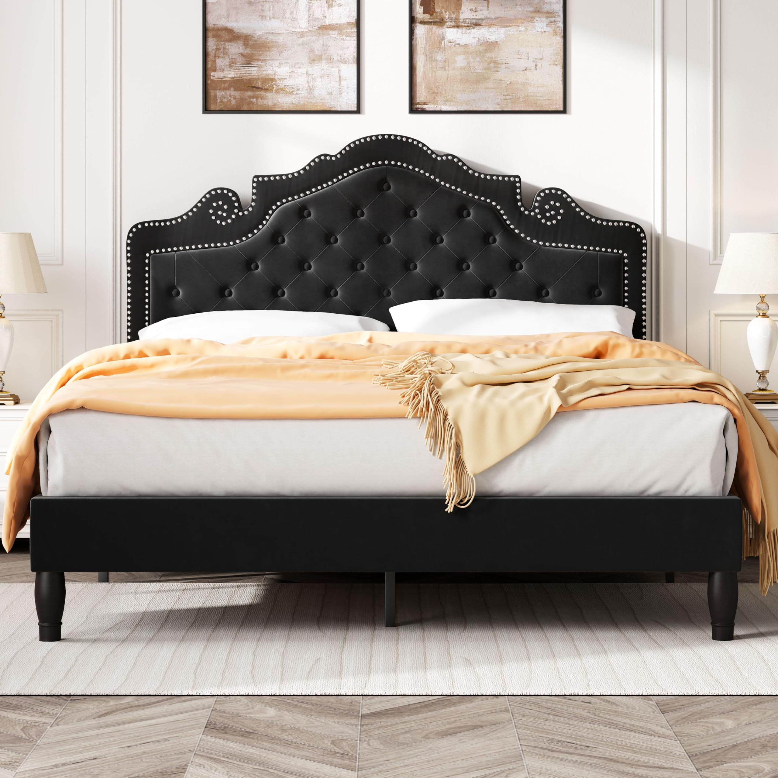Comfort Queen Bed Frame with Headboard, Velvet Upholstery and Diamond Tufted Pattern, Metal ...