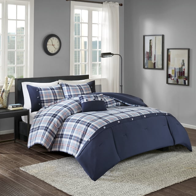 Comfort Spaces Microfiber 4-Piece Blue Plaid Queen Comforter Set ...