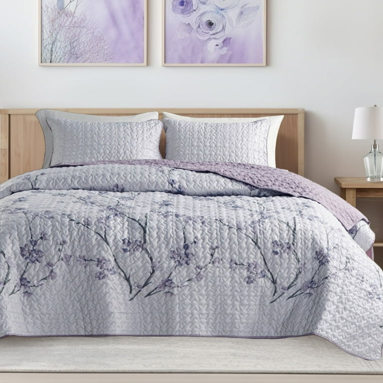 Comfort Spaces Full Queen Size Quilt Set 3 Piece Floral Coverlet Set Lightweight Summer Bedspreads Gray Purple