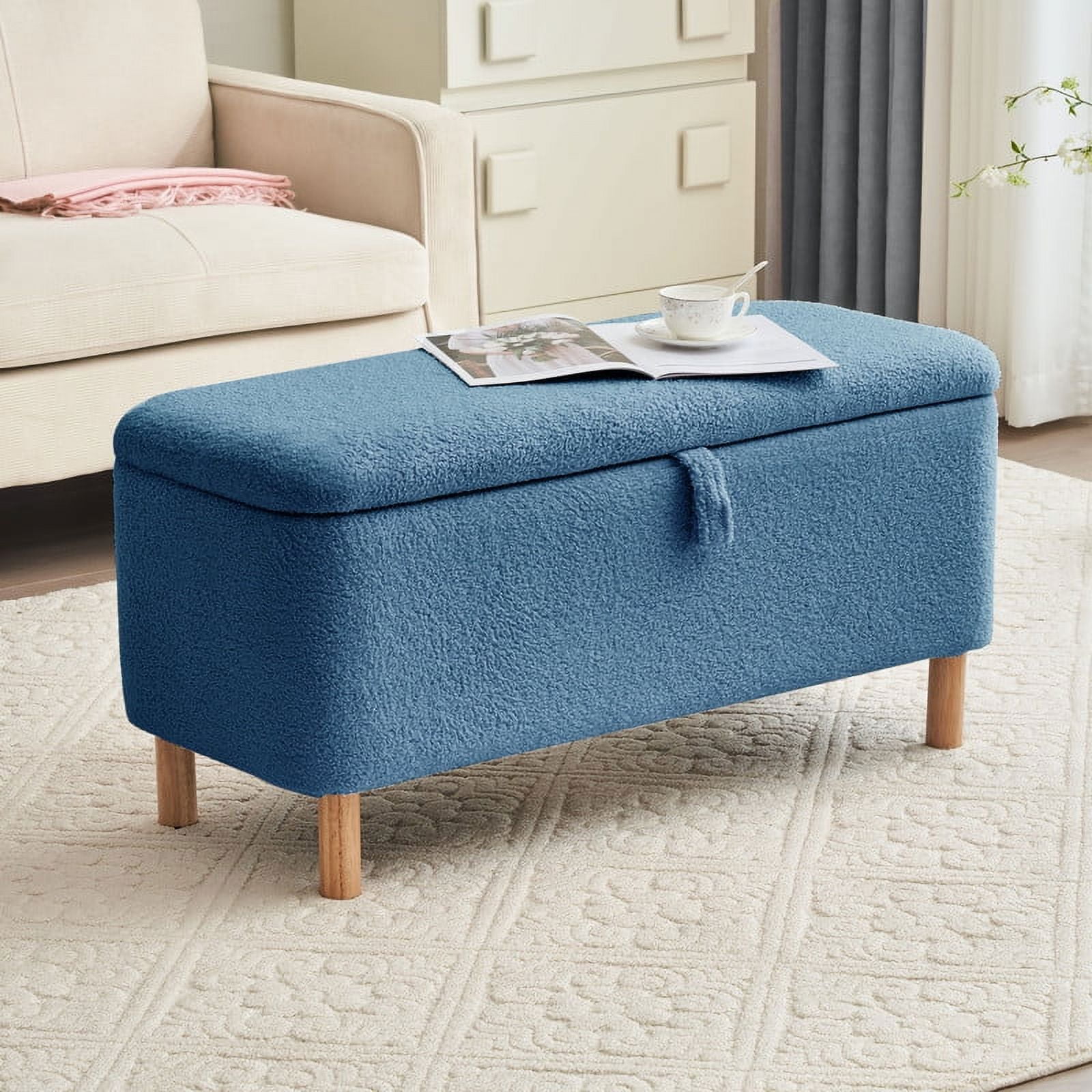 "Comfort Stretch Blue Ottoman Bench for Modern Home, 39.3"" Storage ...