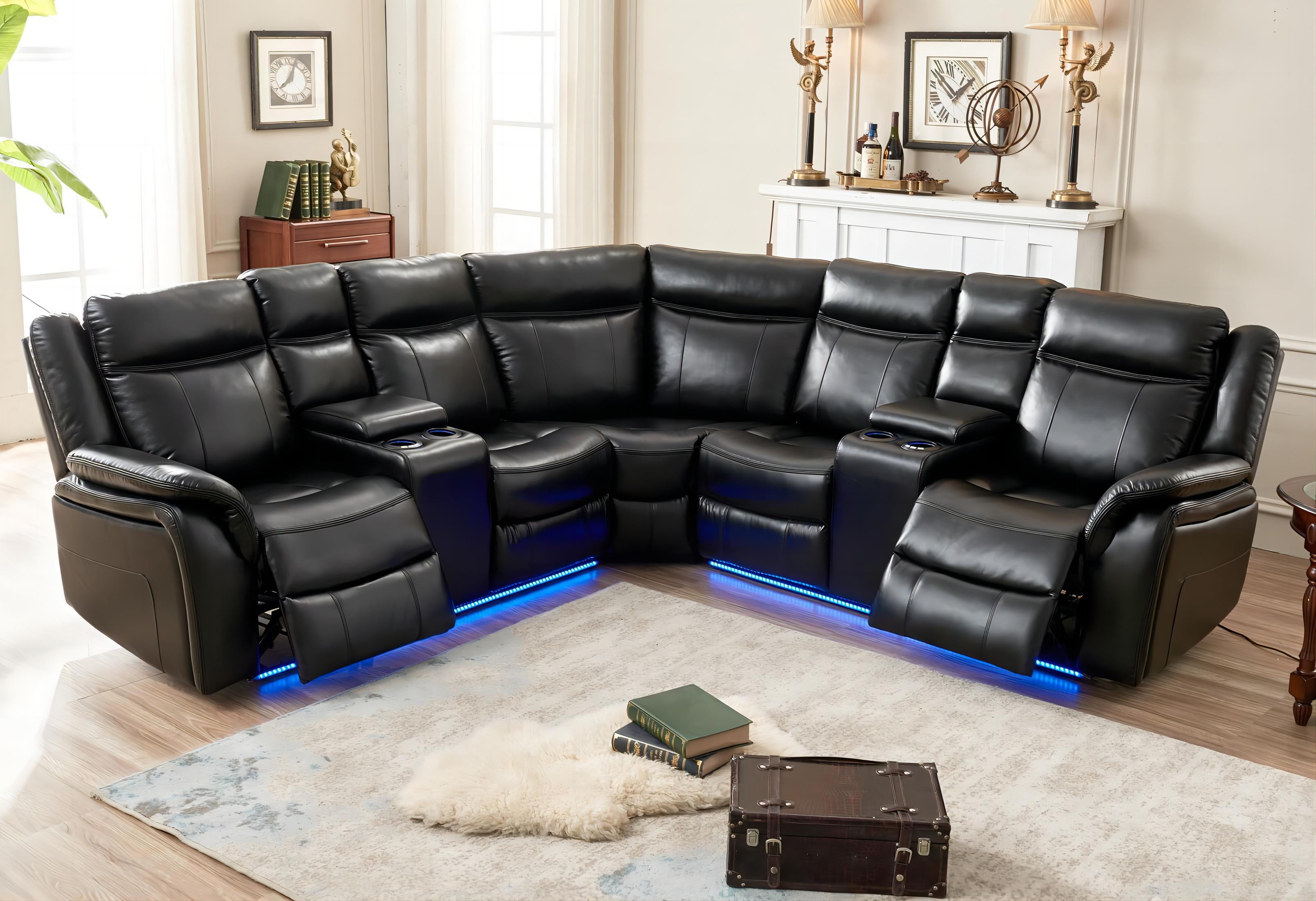 Comfort Stretch Power Recliner Sofa Set, Faux Leather Sectional with ...