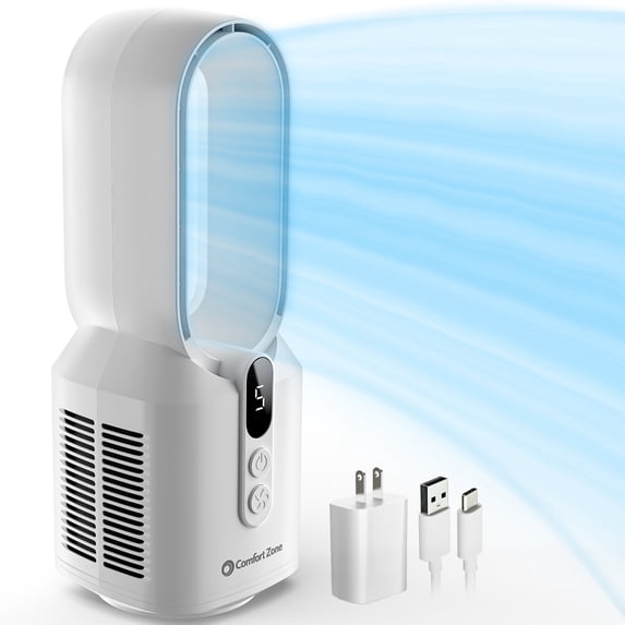 Comfort Zone 14" Rechargeable Bladeless Tabletop Fan, White - Walmart.com