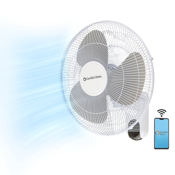 Comfort Zone 16" 3-Speed Smart WiFi Wall Mount Fan with Timer and ...