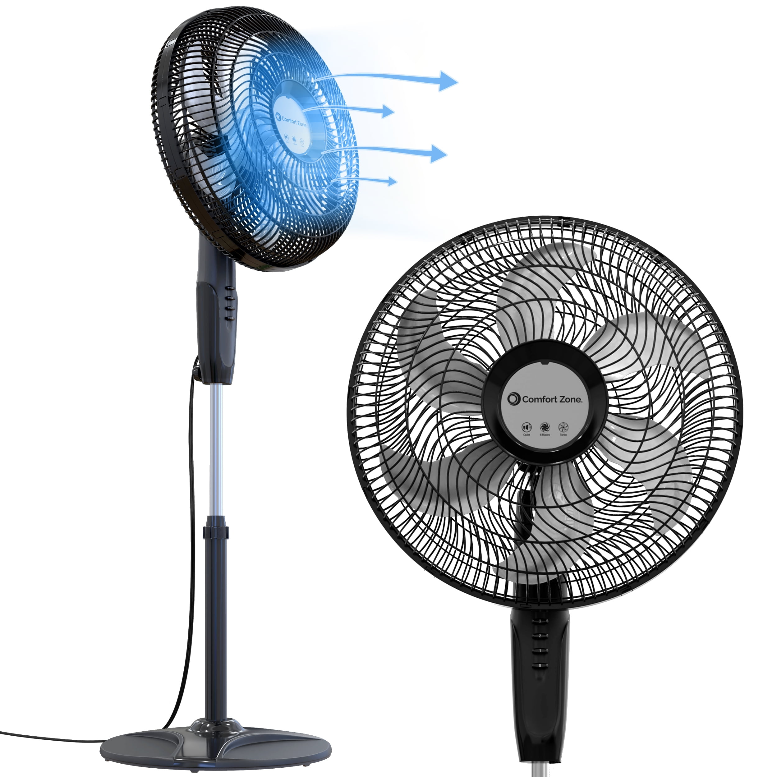 Comfort Zone 18" PowrCurve Stand Fan - 6 Blades, Tri-Curve Grill for ...