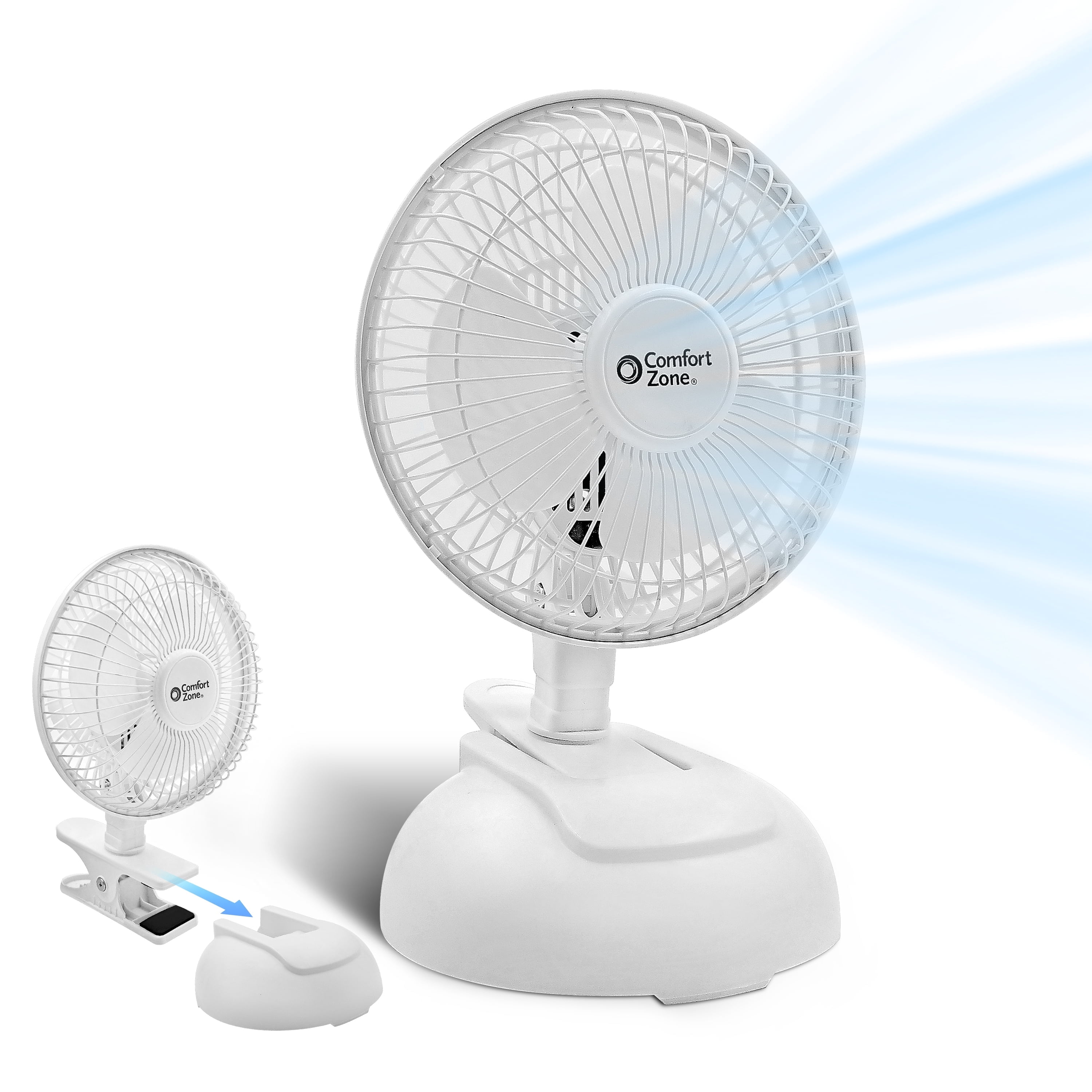 Comfort Zone 6" Personal Clip or Desk Fan with Removable Base, Portable ...