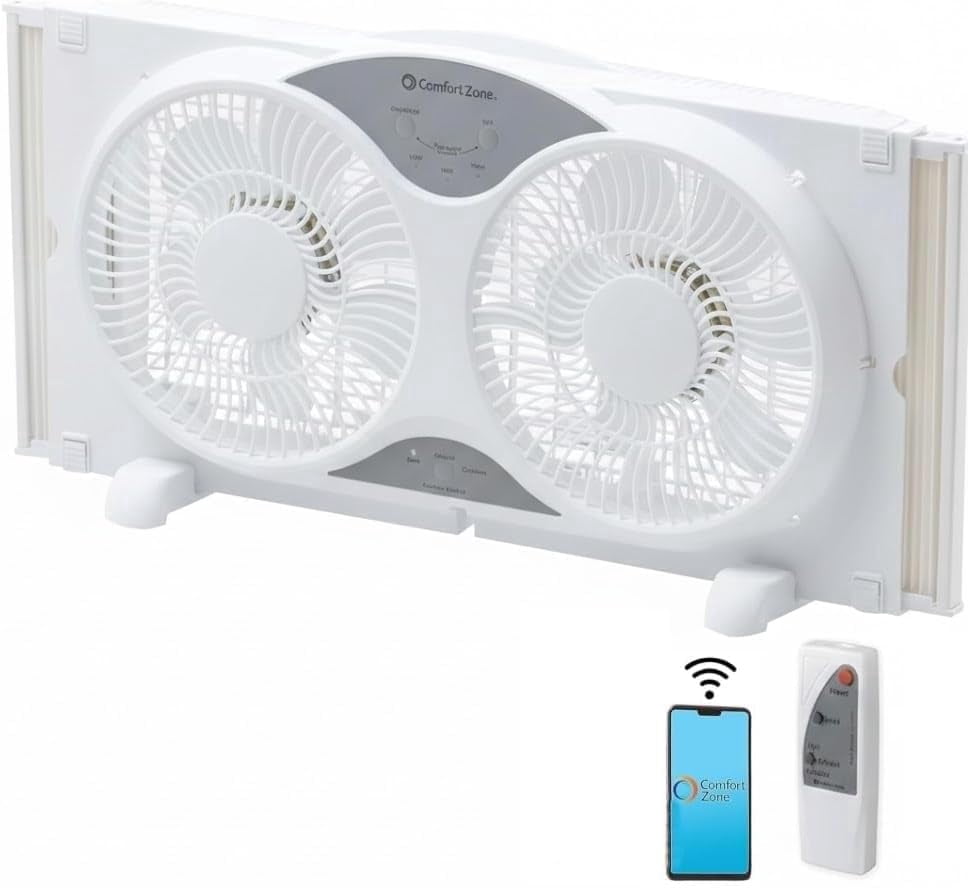 Comfort Zone 9" Smart Reversible Twin Window Fan with WiFi & Remote ...