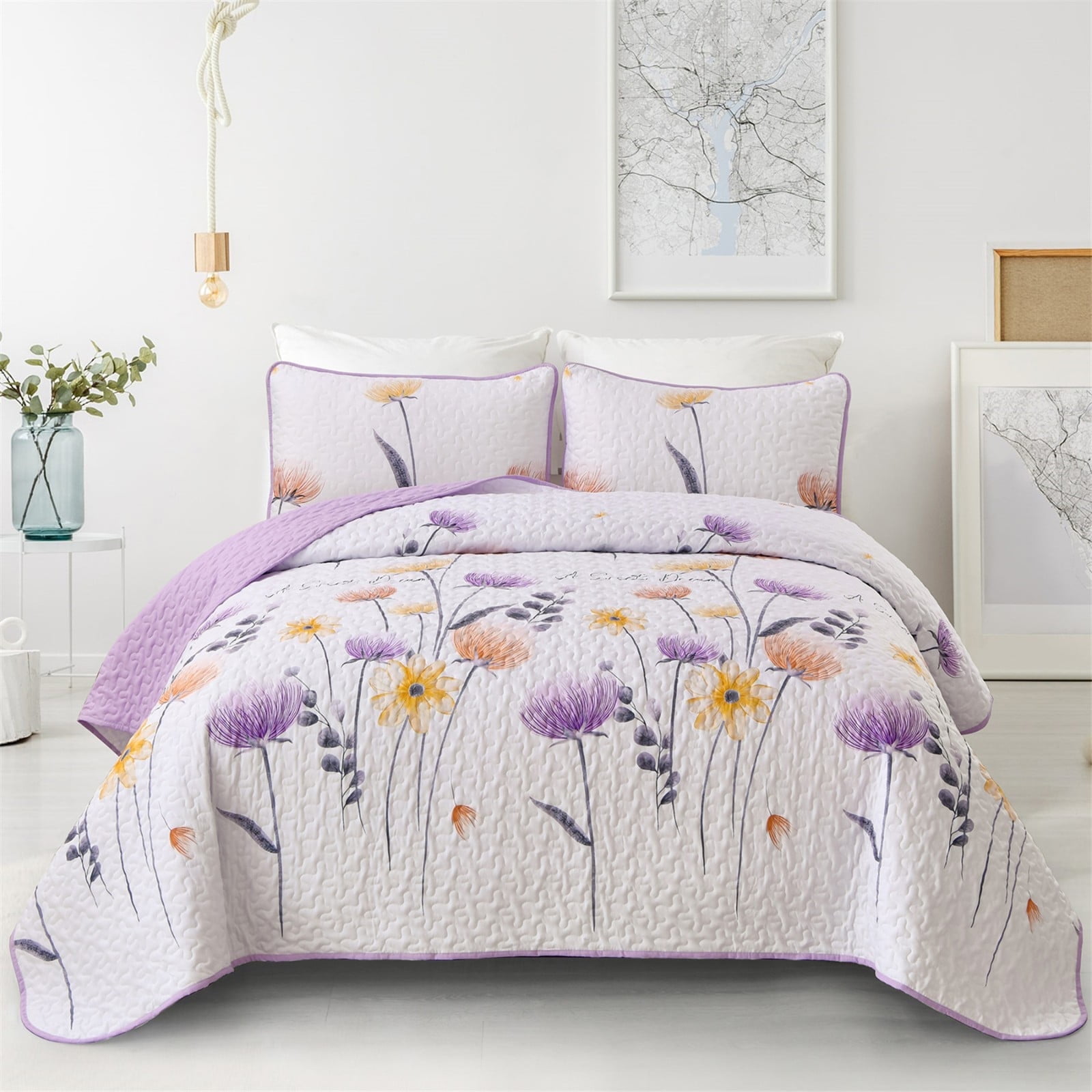 WONGS BEDDING Floral Quilt Set Queen Size,3 Pcs Purple Bedspread Set ...