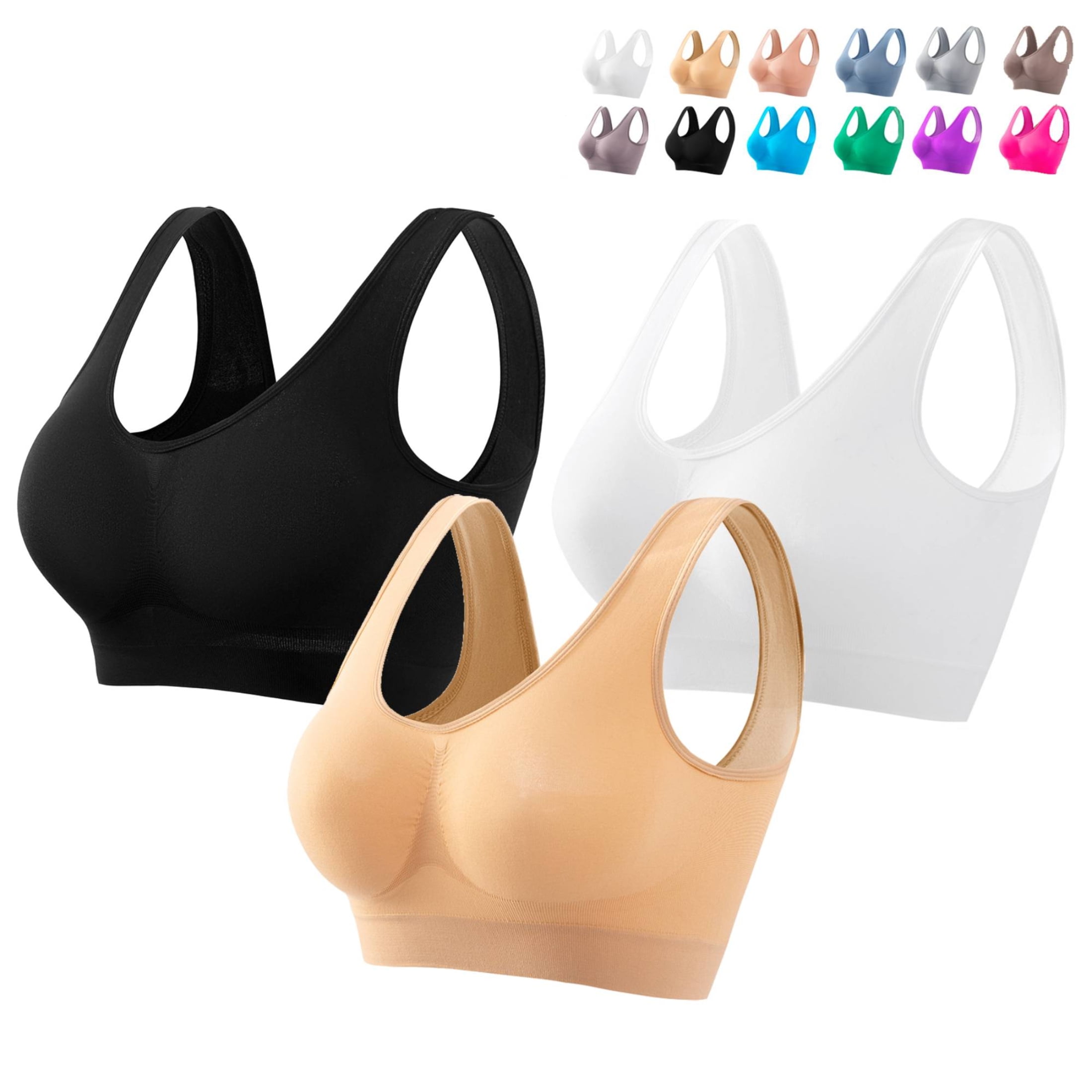 Comfortable 3-Pack Seamless Sports Bras with Removable Pads – Medium ...