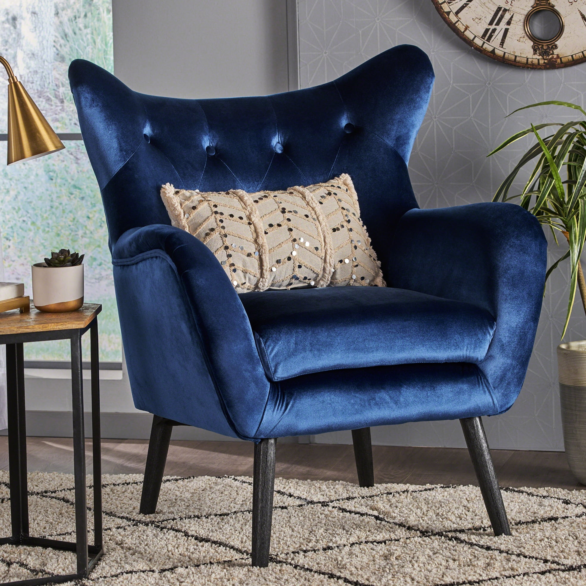 Comfortable Arm Chair In Navy Blue Velvet With Classic Wingback Chair ...