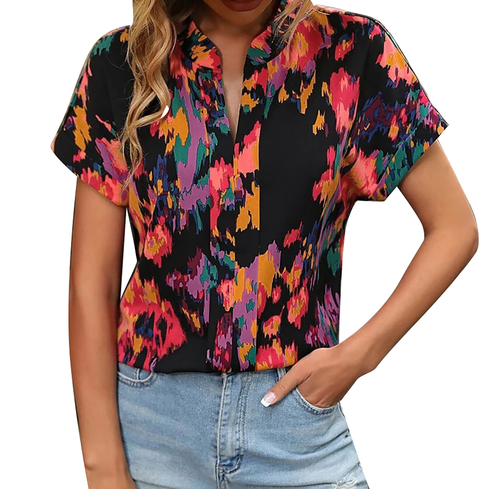 Comfortable Button Down Tops For Women Loose V Neck Shirts Casual Roll ...