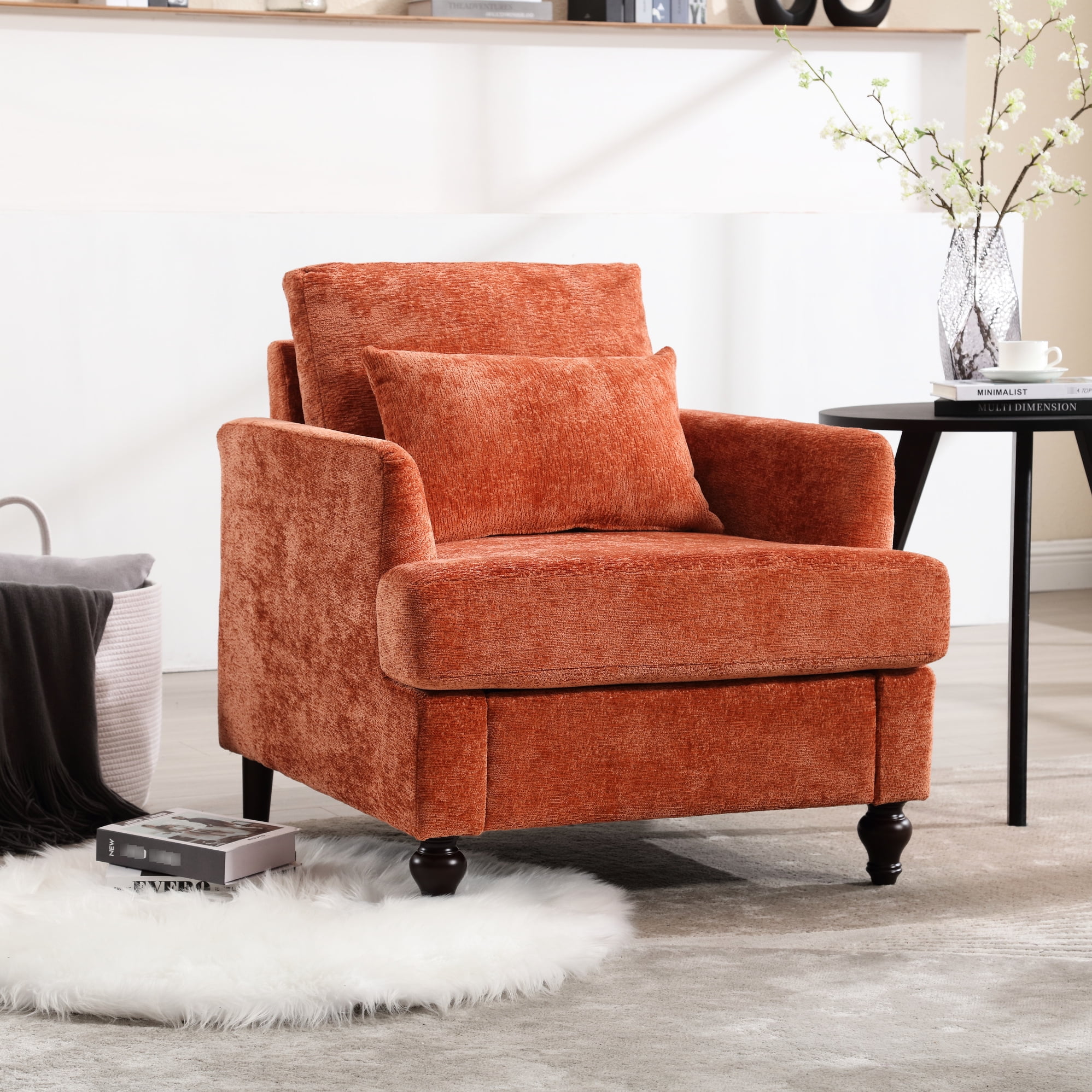 Comfortable Chenille Armchair With Solid Wood Base For Living Room ...