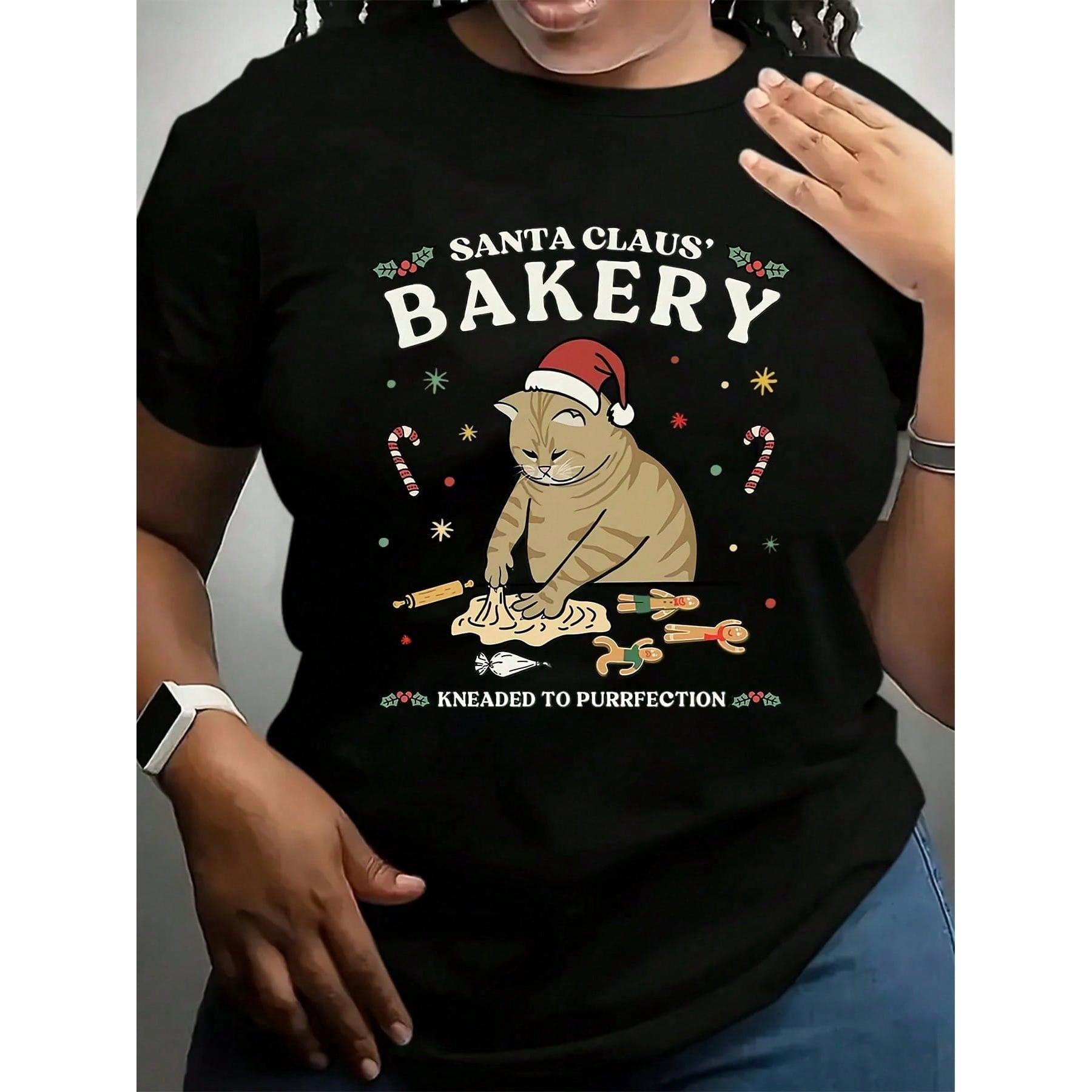 Comfortable Christmas Cat Bakery Print Casual Tee - Women's Polyester ...