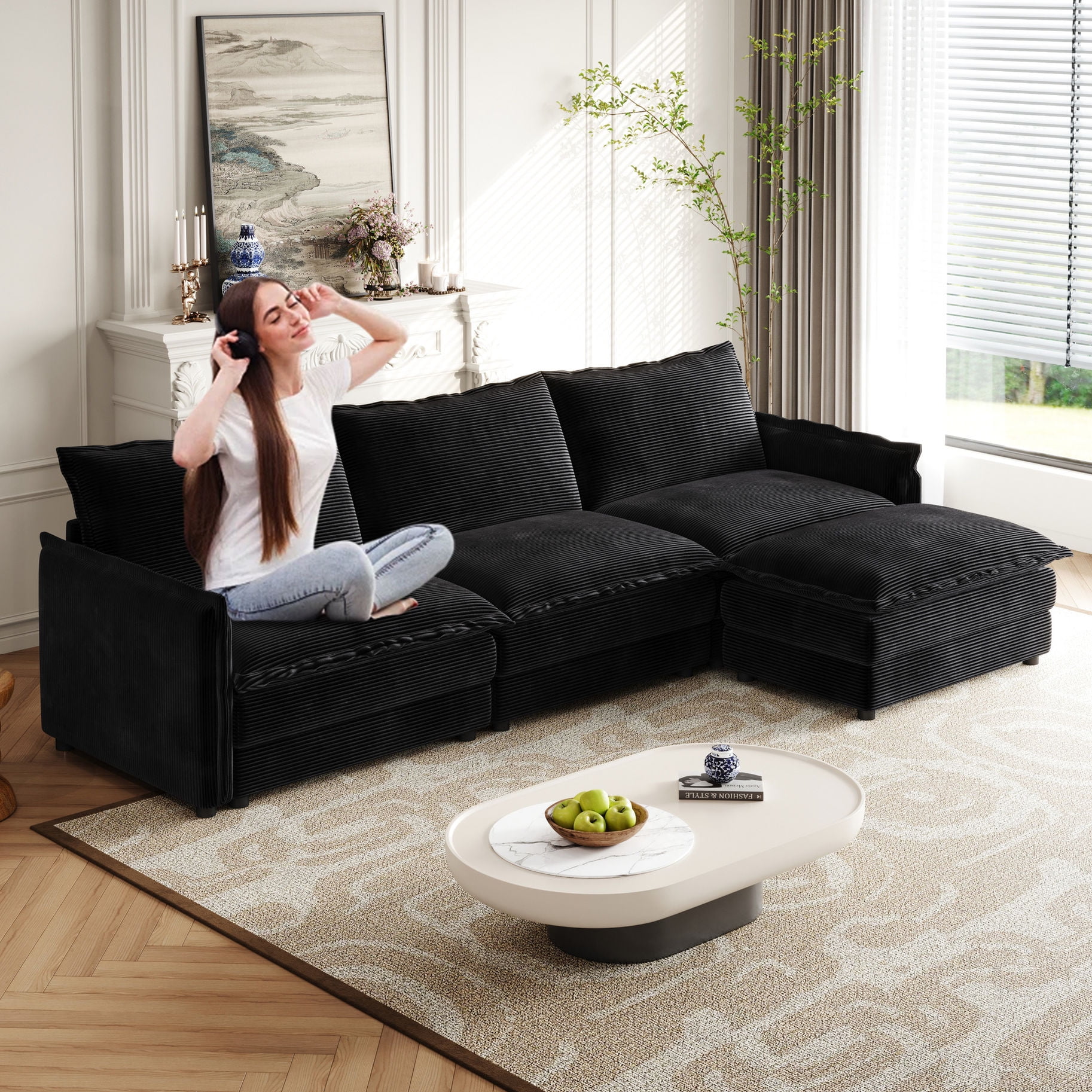 Comfortable Corduroy 4 - Seat Sofa with High - quality Sponge for All ...