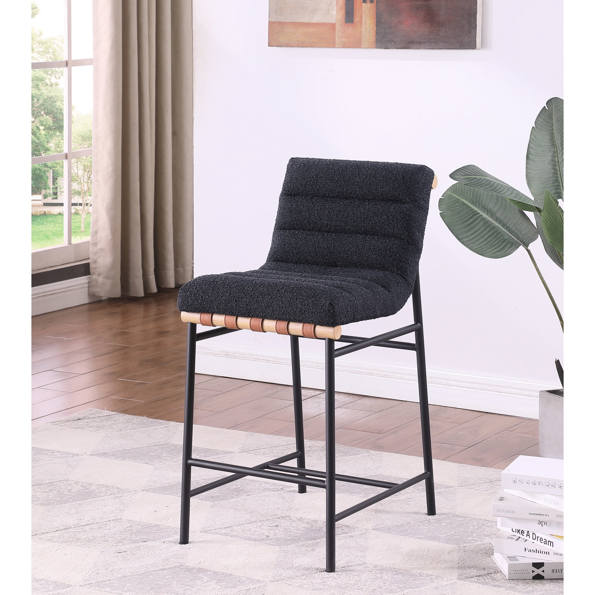 Comfortable Counter Height Chair With Black Fabric Padding And Metal ...