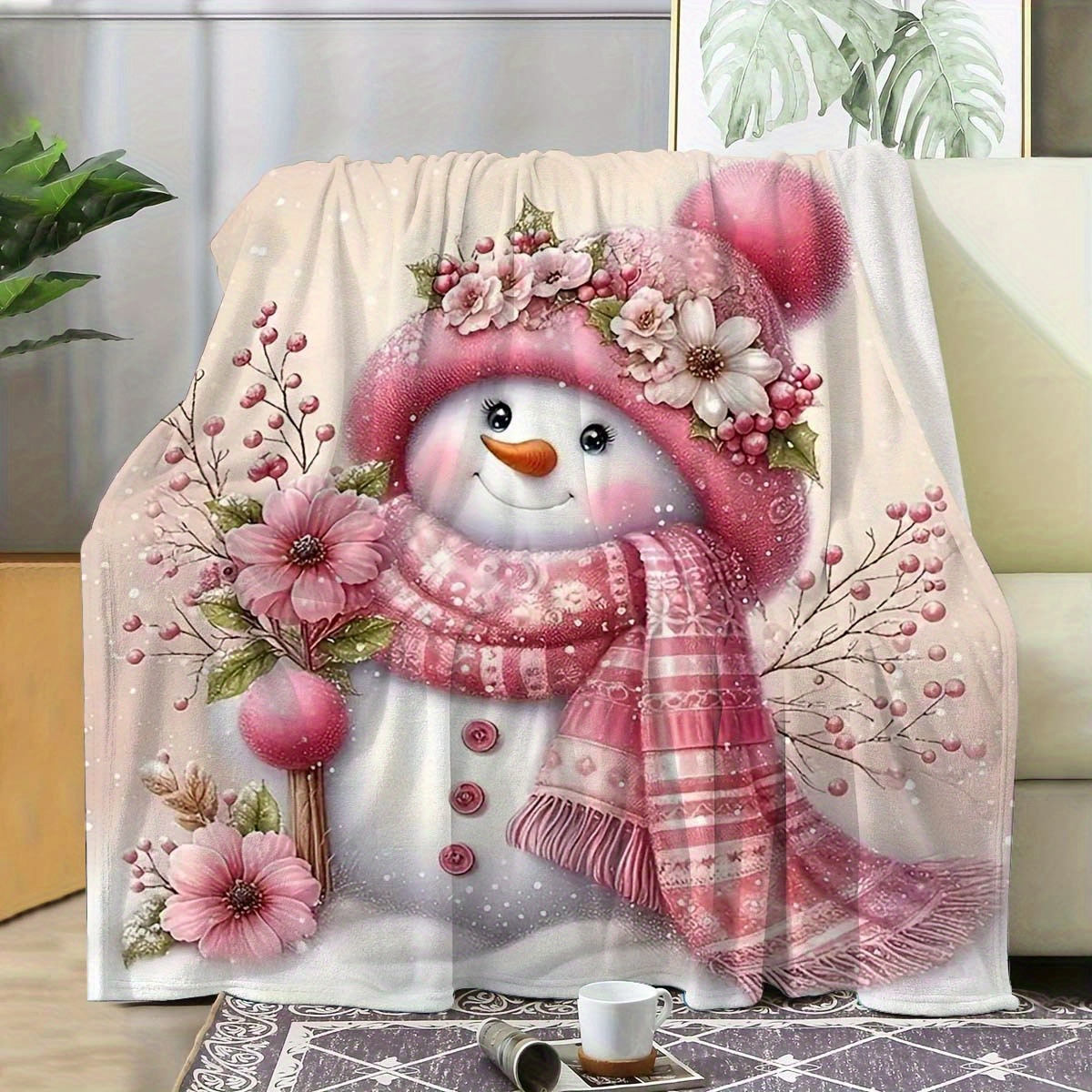 Comfortable Flannel Shawl Blanket with Pink Snowman and Floral Pattern ...