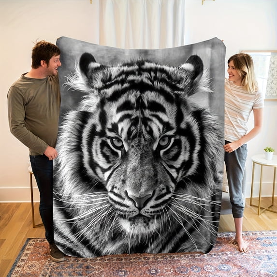 Comfortable And Majestic Black White Tiger Striped Fleece Blanket with ...