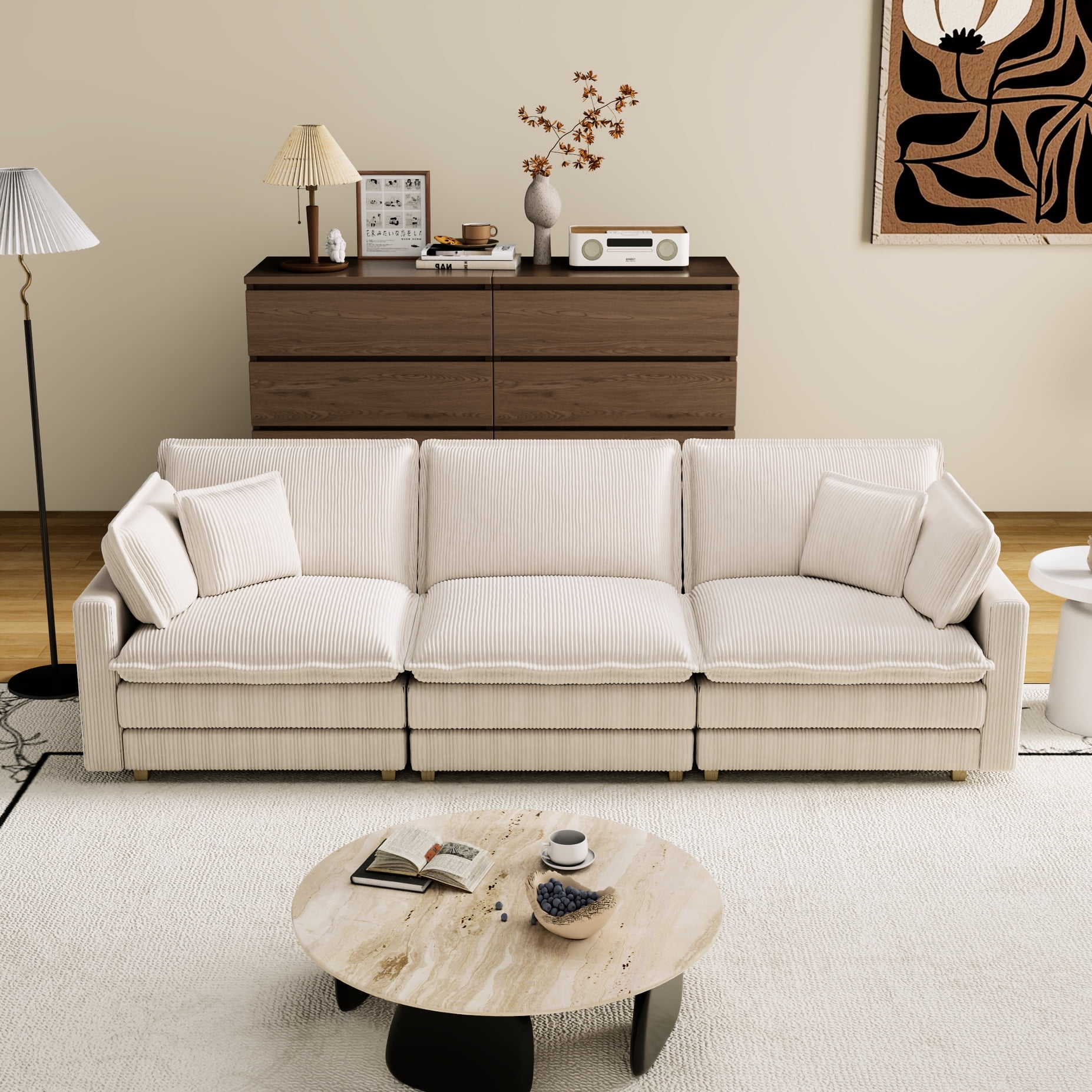 Comfortable Modular In Beige With Solid Wood Feet And Snake Spring For ...