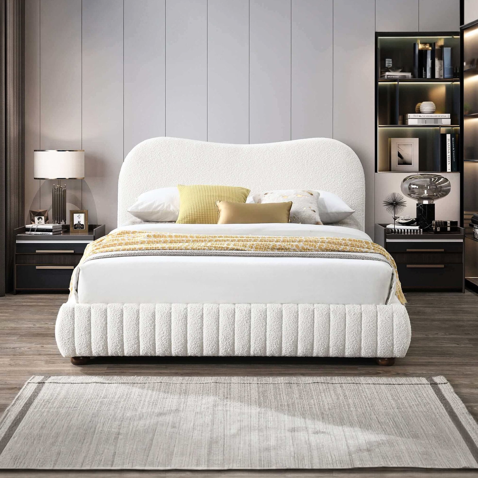 Comfortable Queen Platform Bed In Cream Boucle Cover - Stable ...