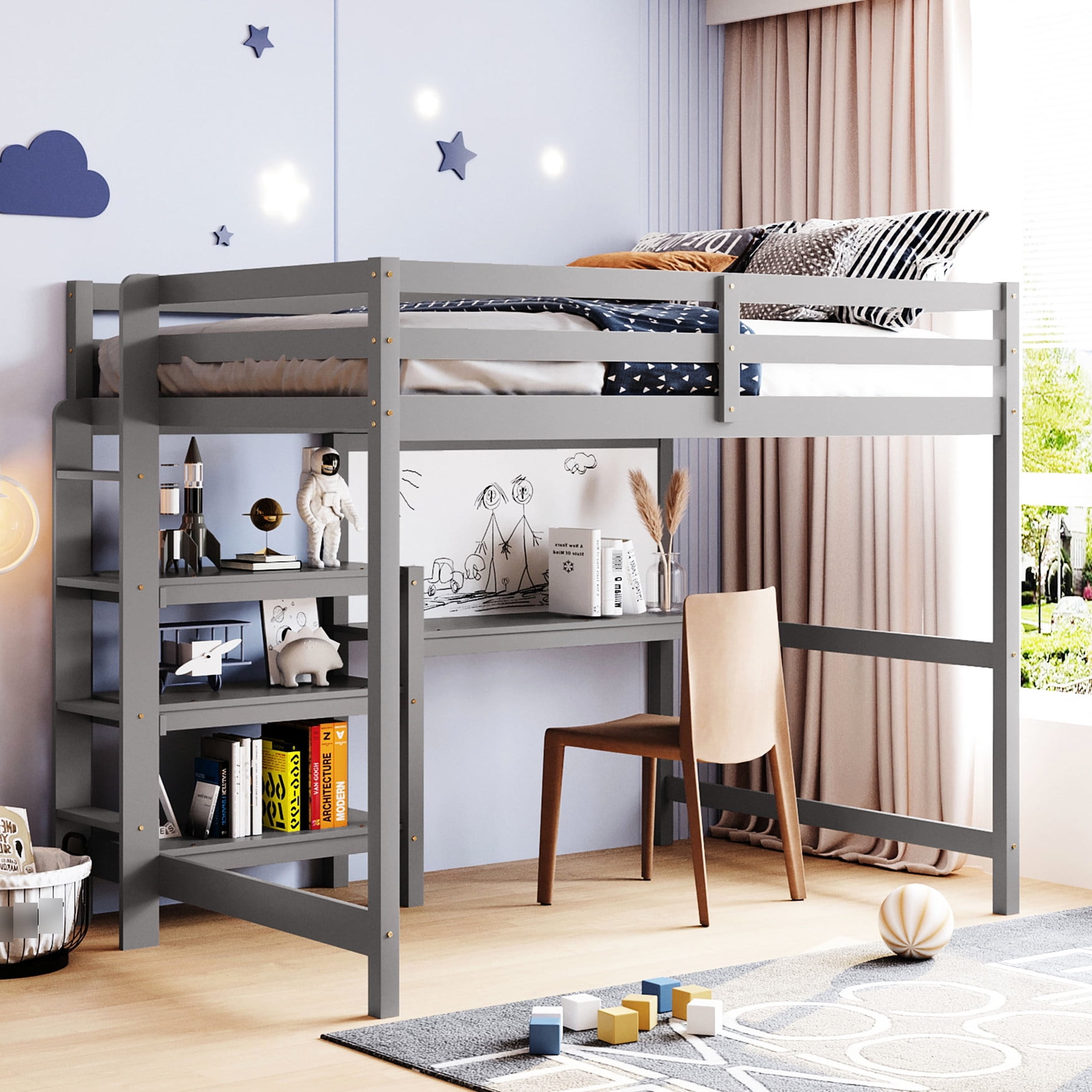 Comfortable Resting Place Full Size Loft Bed With Shelves, Desk ...