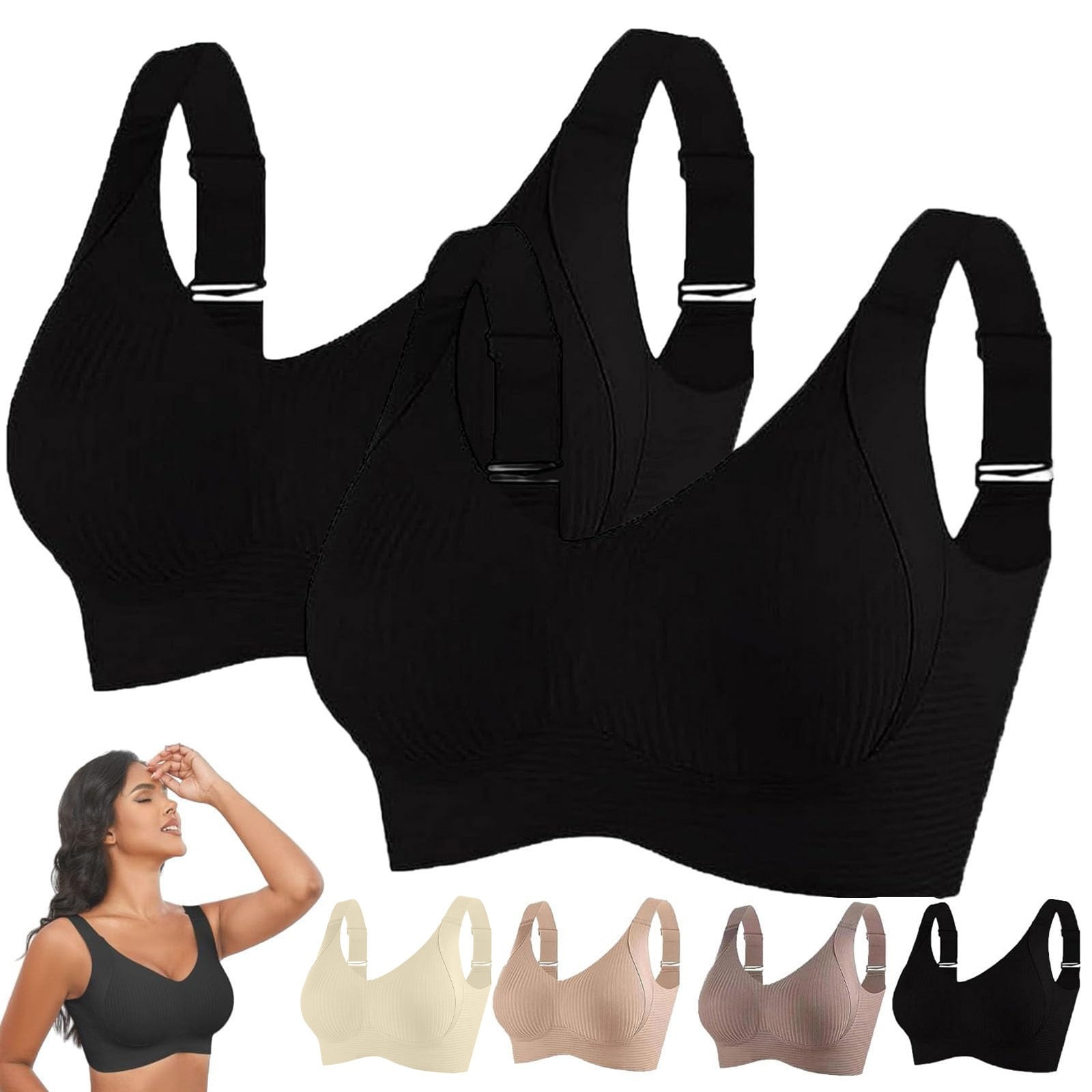 Comfortable Ribbed Wireless Bralettes Adjustable Padded Everyday Sports ...