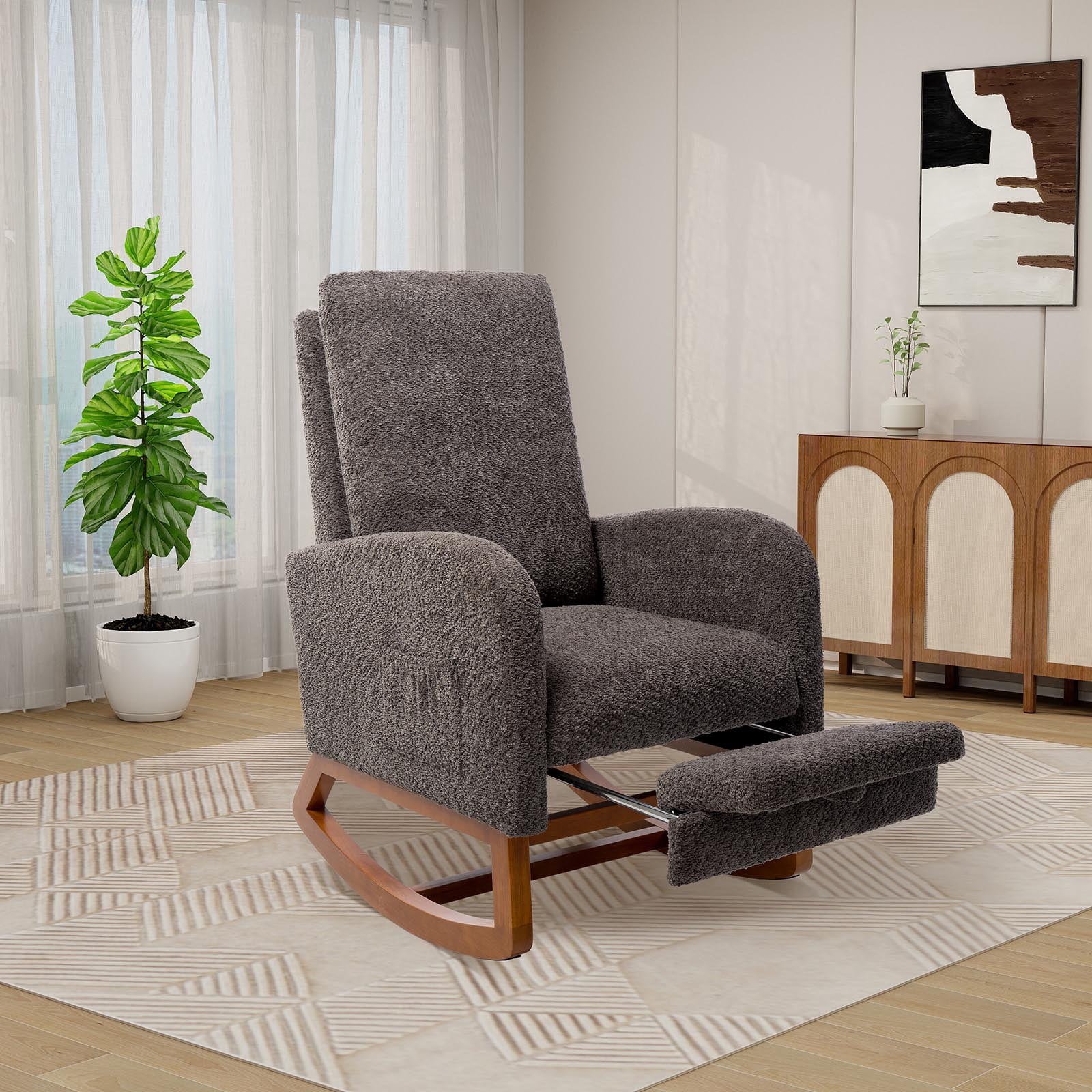 Comfortable Rocking Chair with Retractable Footrest & Side Pockets for ...