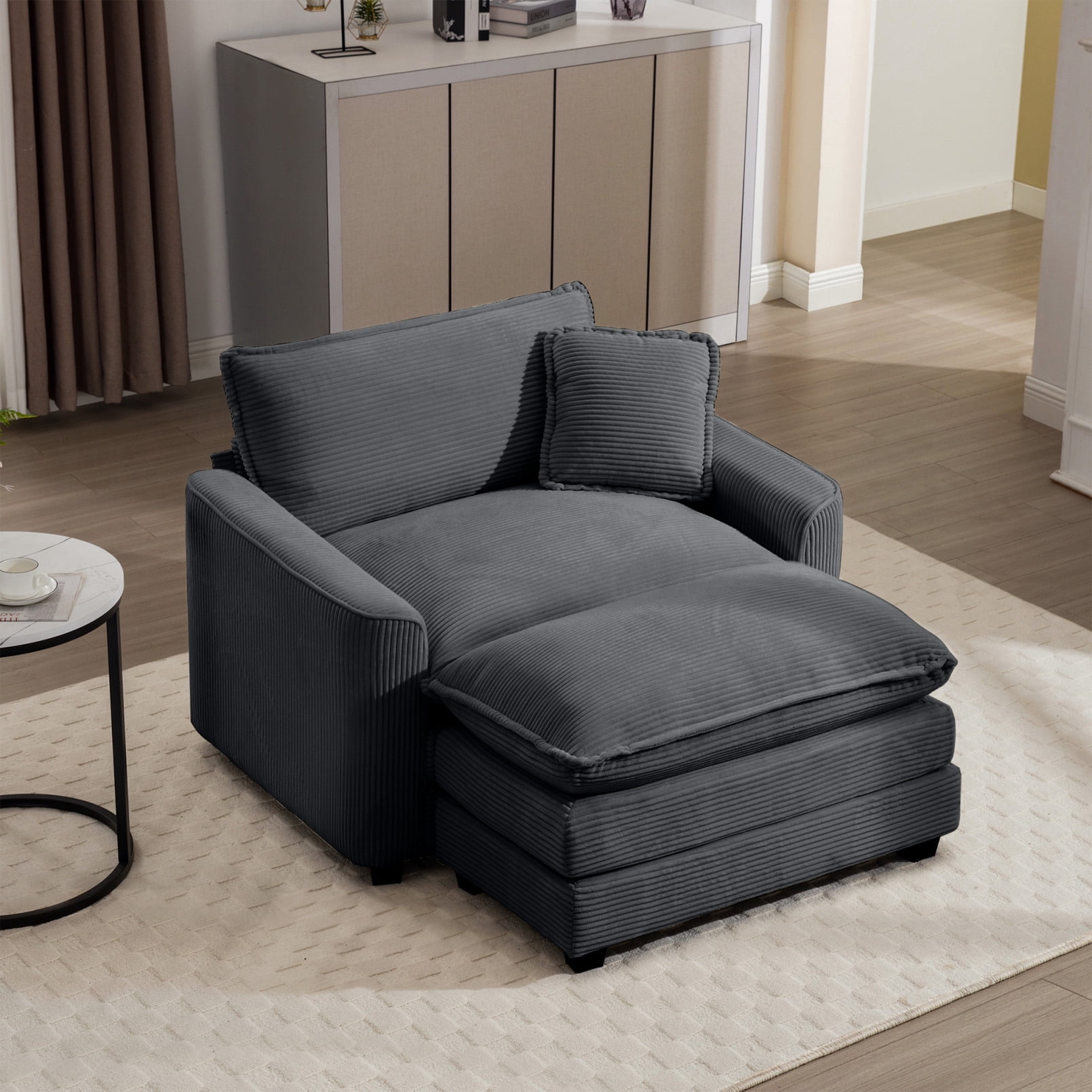 Comfortable Single Chair Deep Seat Sofa with Footstool & Pillow - Grey ...