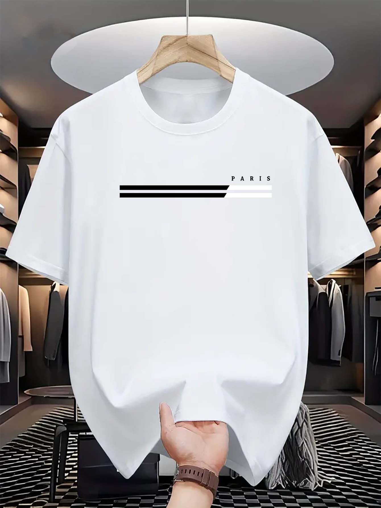 Comfortable Summer Short-Sleeve Tee, Men's Casual Crew Neck T-Shirt with Paris Letter Print, 100 ...