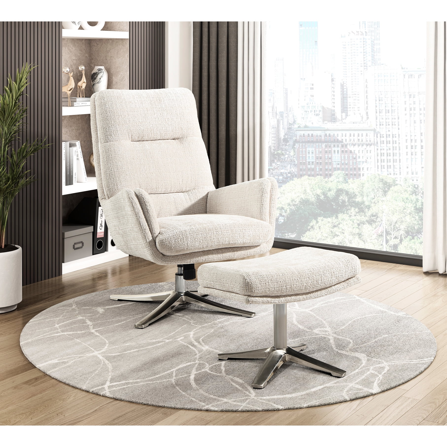 Comfortable Swivel Chair With In Soft Beige Chenille, Frame, Silver ...